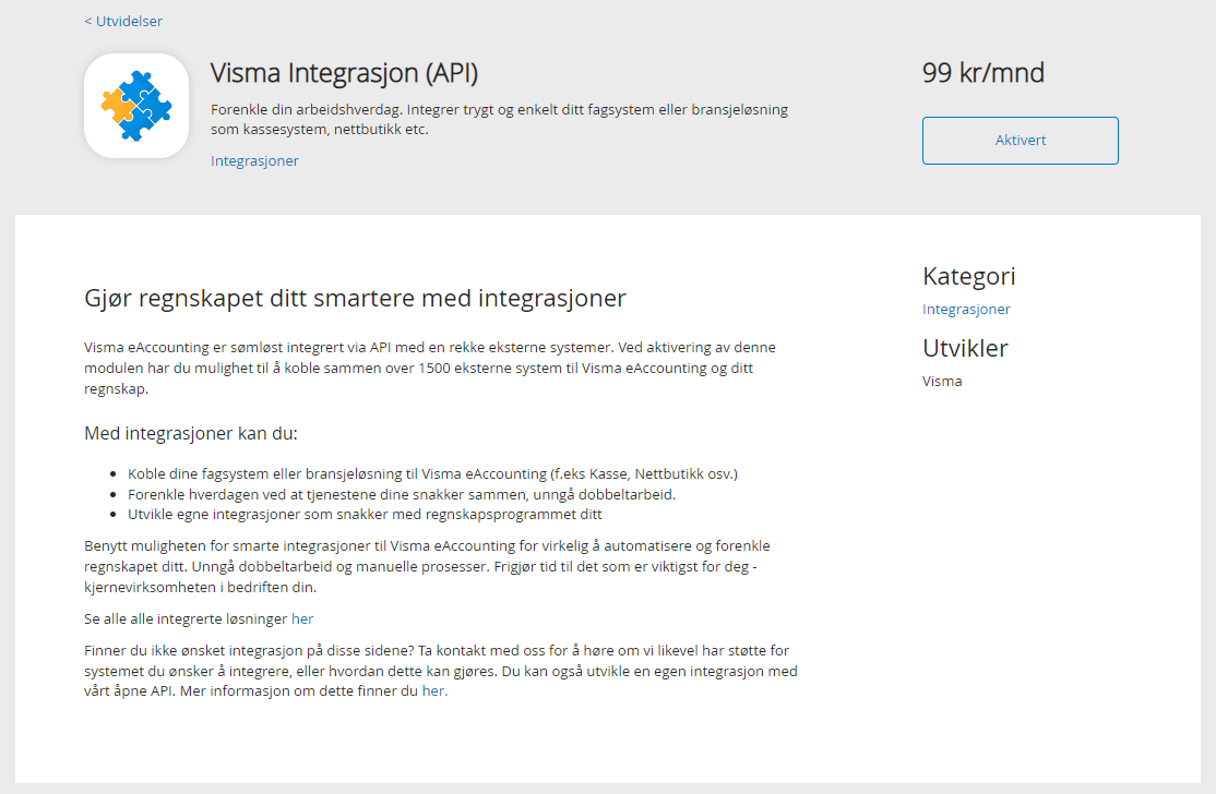 Aktivering av API modul og Integrasjoner - Visma eAccounting