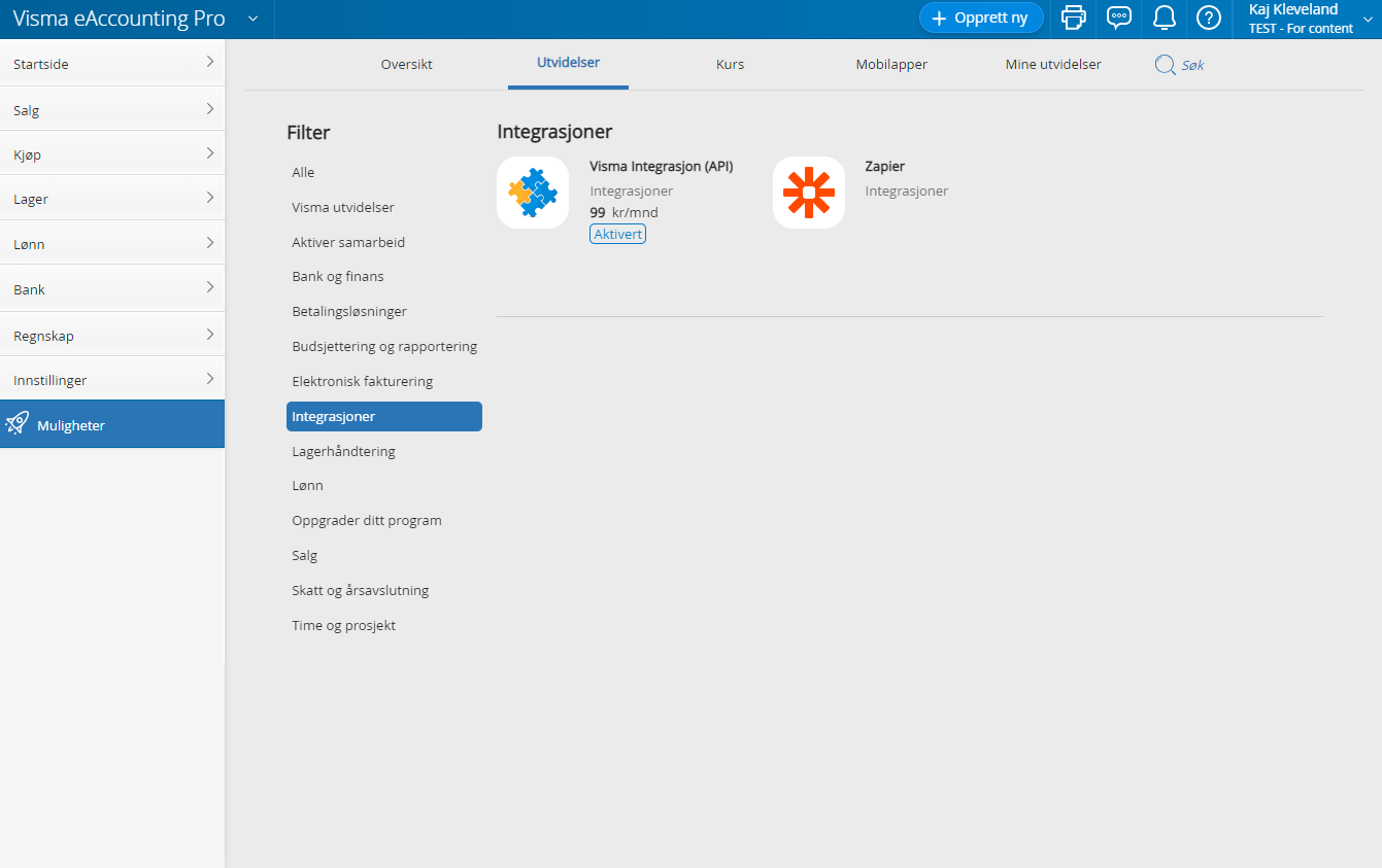 Aktivering av API modul og Integrasjoner - Visma eAccounting
